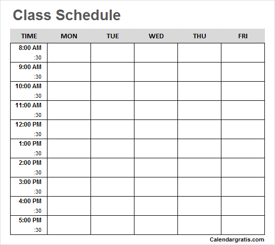 Printable Class Schedule Template For School College Students